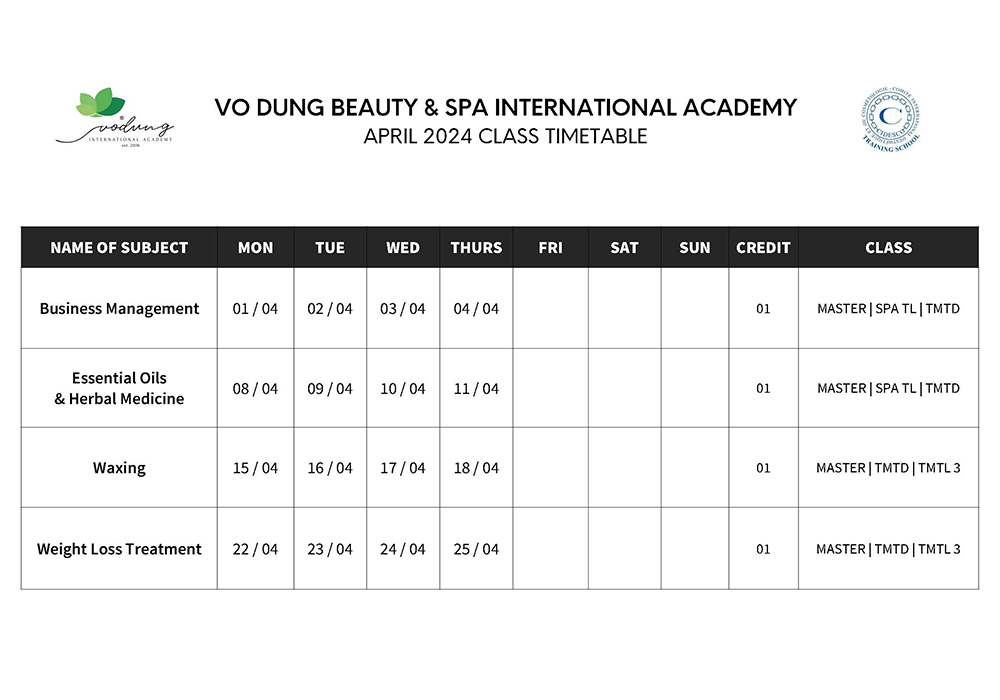 Domestic Course Timetable 2024 - Võ Dung Beauty & Spa International Academy
