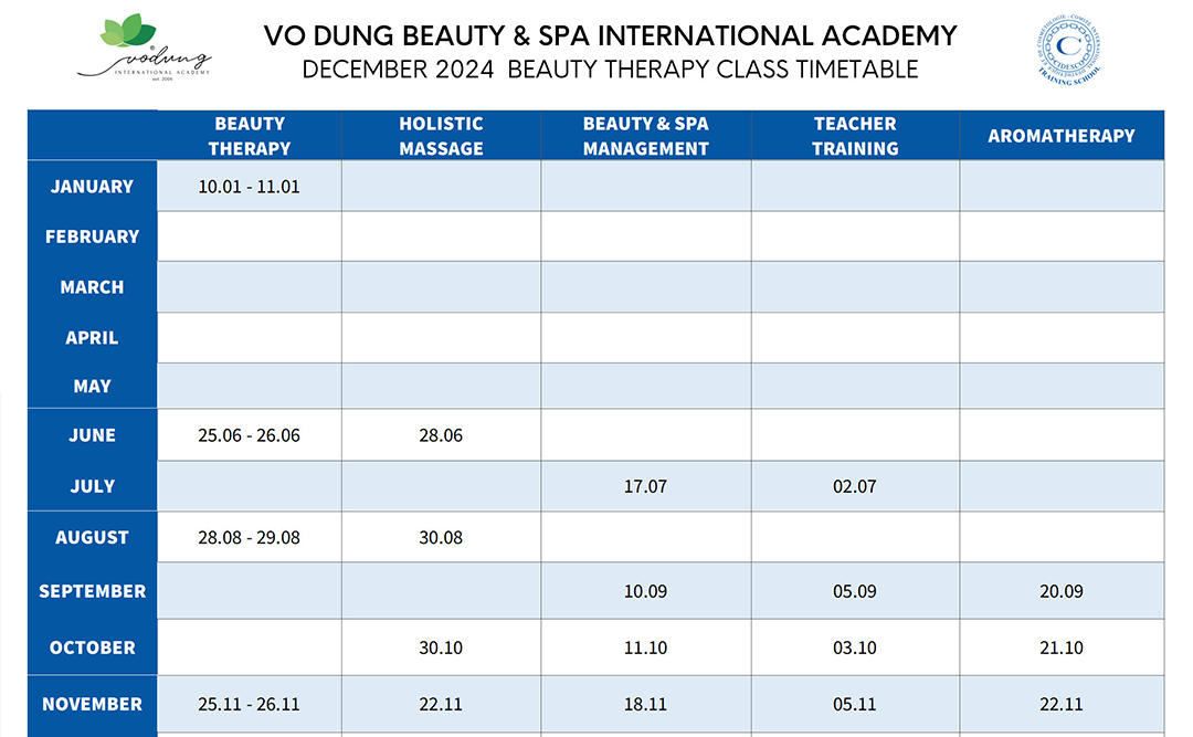 Exem Schedule 2024 - Võ Dung Beauty & Spa International Academy